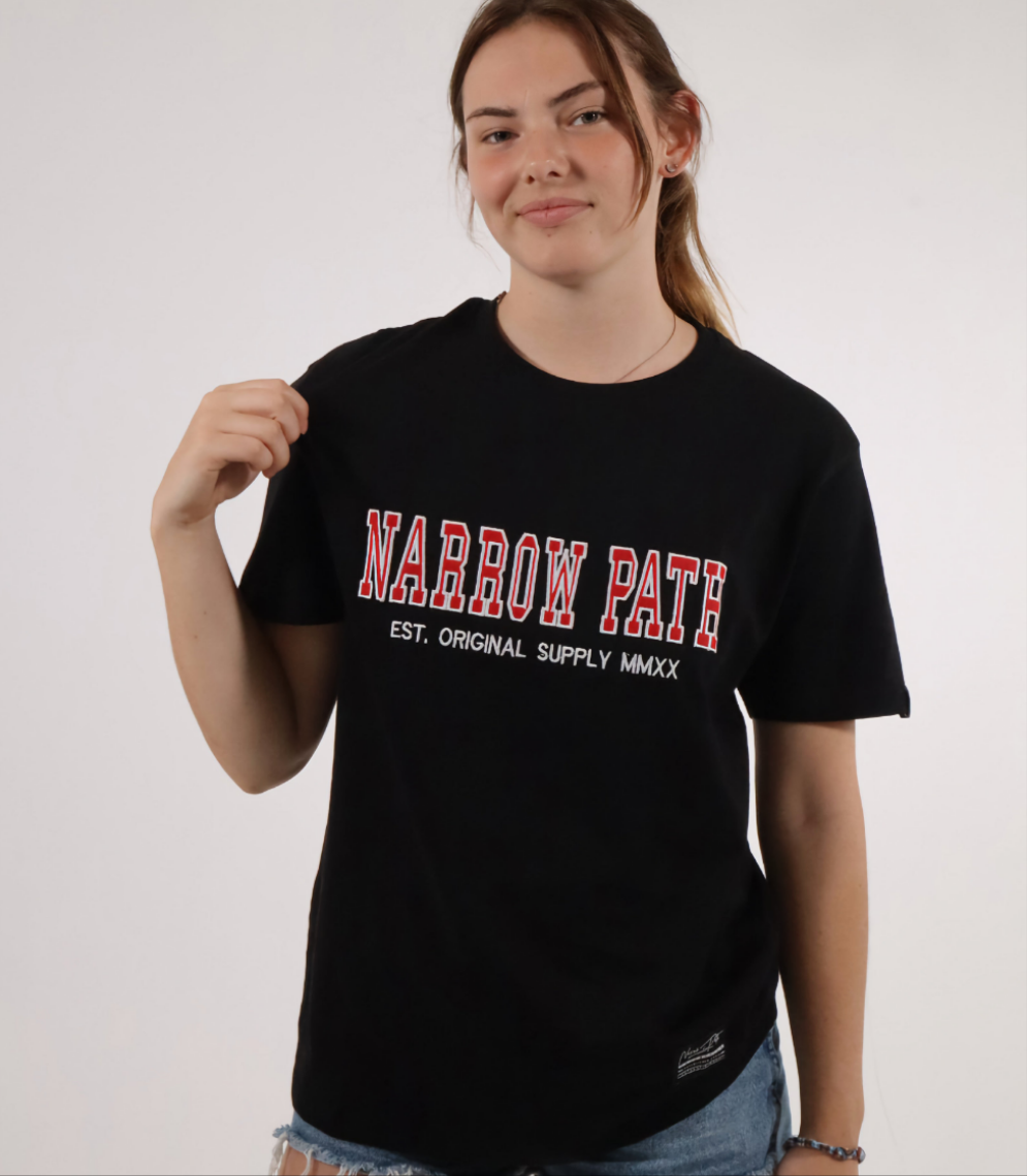 NARROW PATH COLLEGE EMBROIDERED TEE BLACK – narrowpathcollective