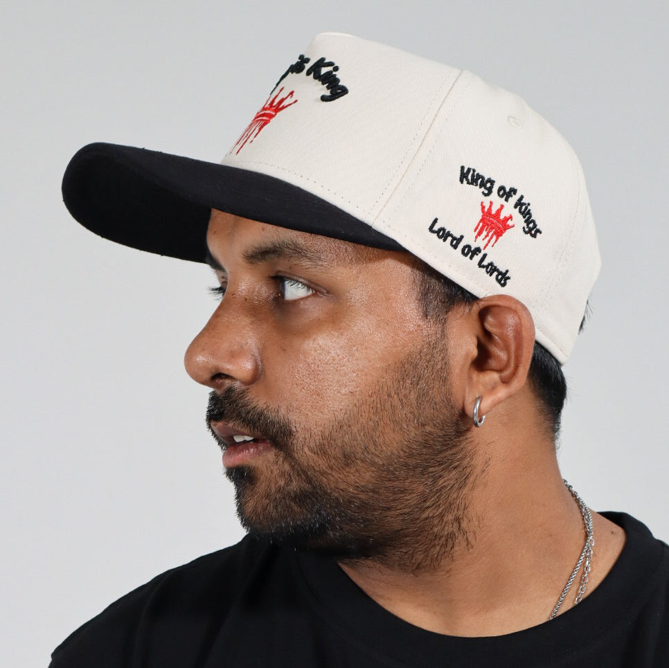 JESUS IS KING EMBROIDERED SNAPBACK CREAM/BLACK HAT – narrowpathcollective