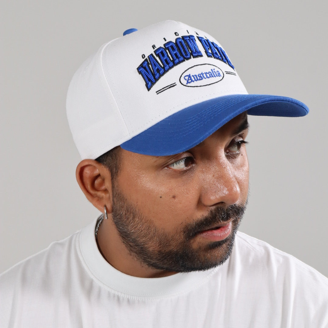 NARROW PATH EMBROIDERED WHITE/BLUE SNAPBACK HAT – narrowpathcollective