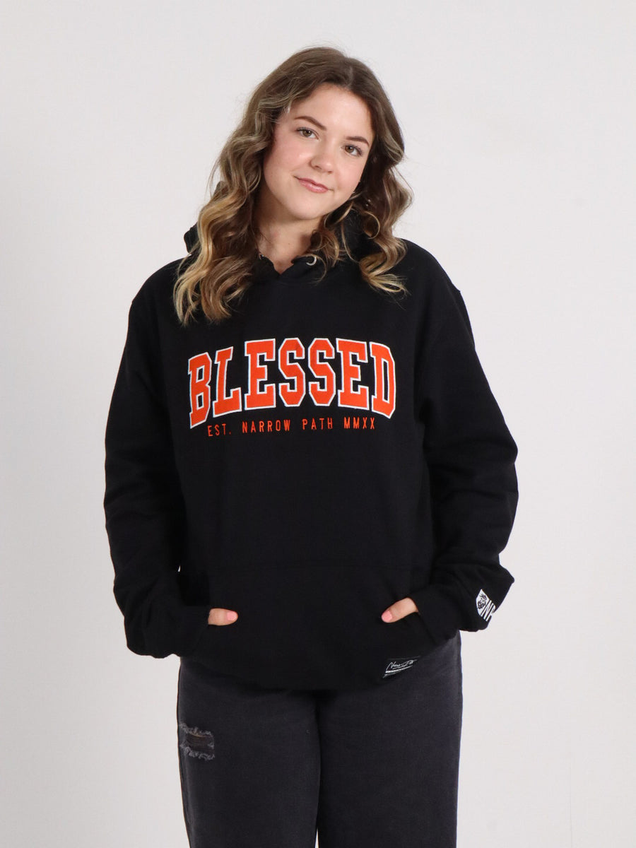 BLESSED EMBROIDERED ORANGE LOGO HOODIE BLACK – narrowpathcollective
