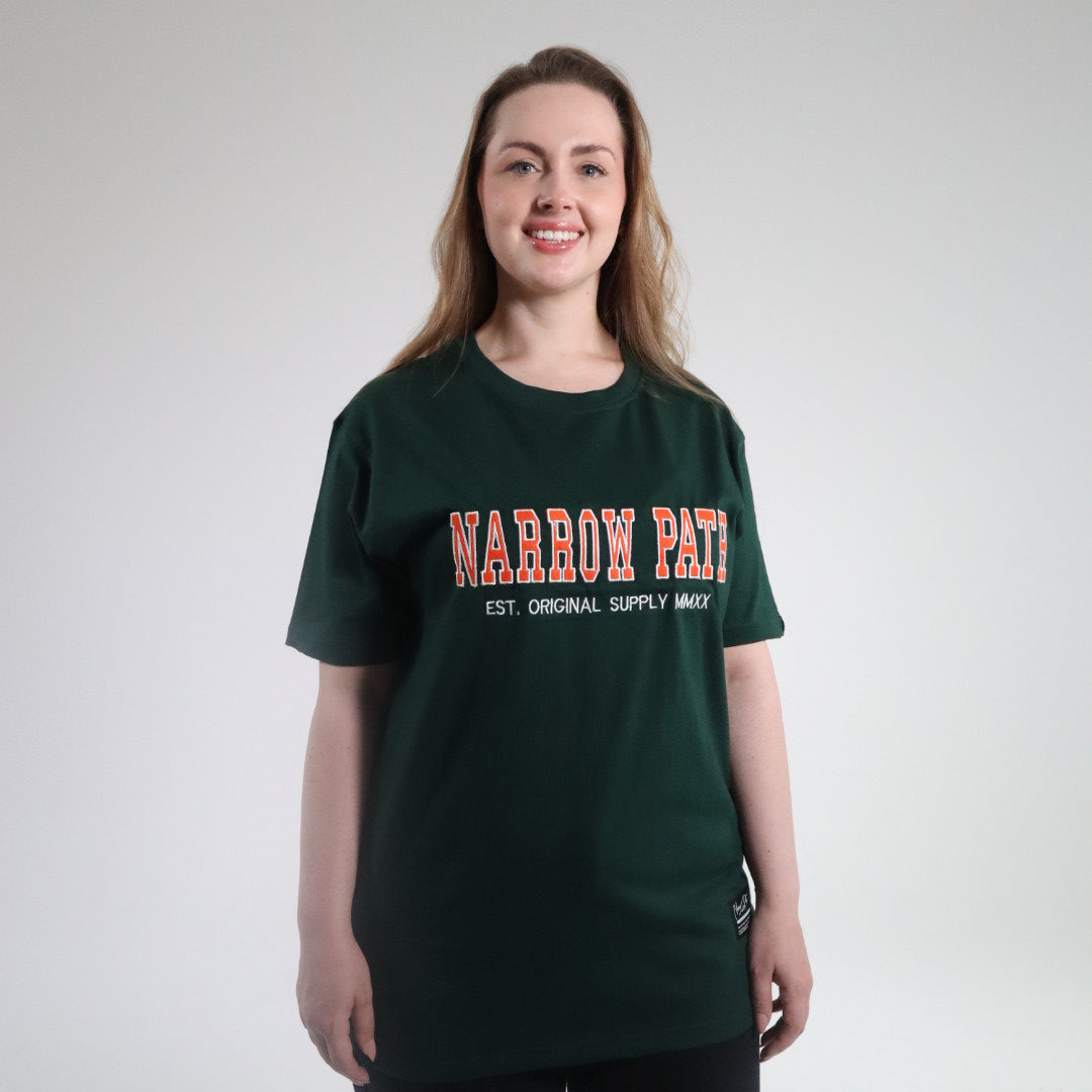 NARROW PATH COLLEGE EMBROIDERED TEE GREEN – narrowpathcollective