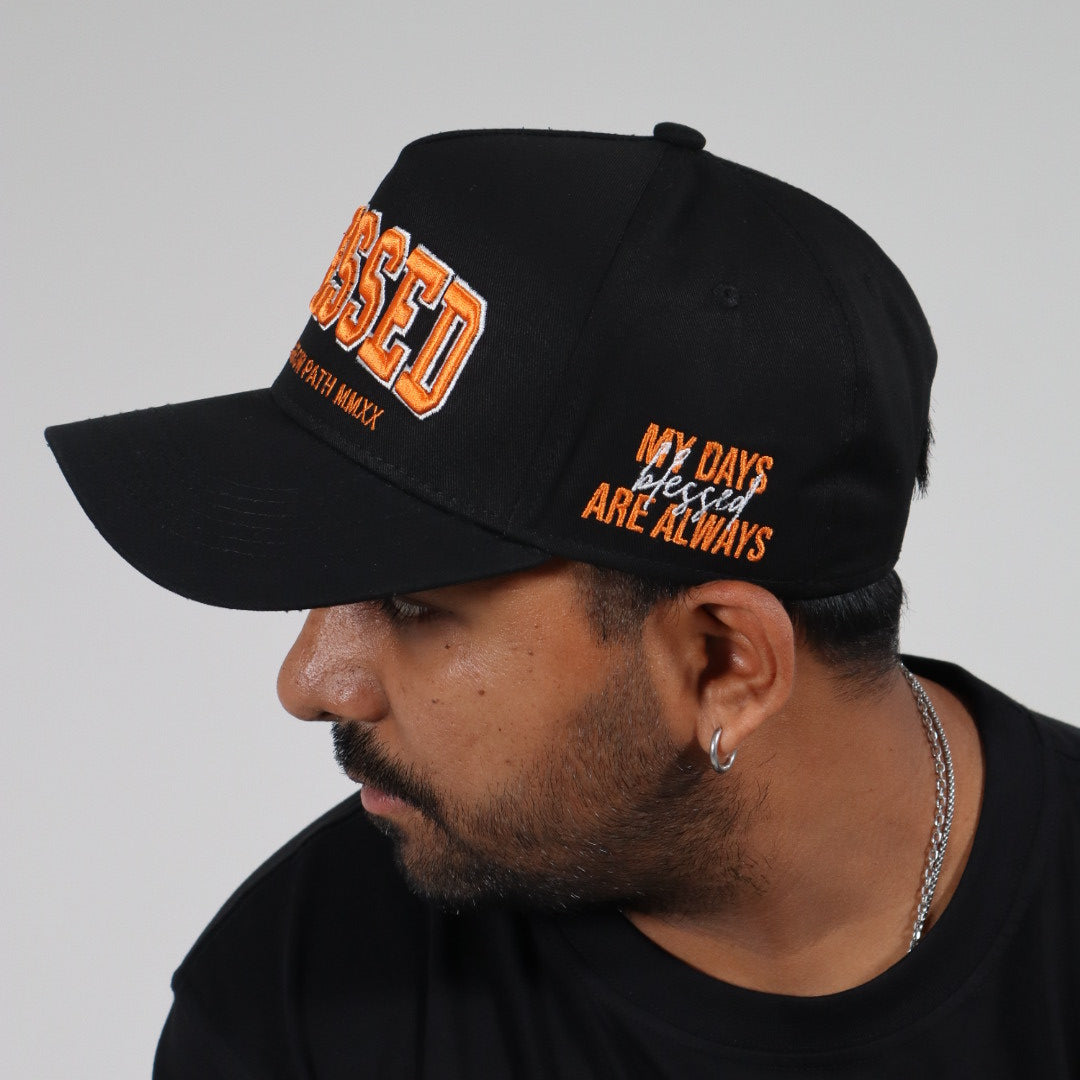 BLESSED EMBROIDERED LOGO SNAPBACK BLACK/ORANGE HAT – narrowpathcollective